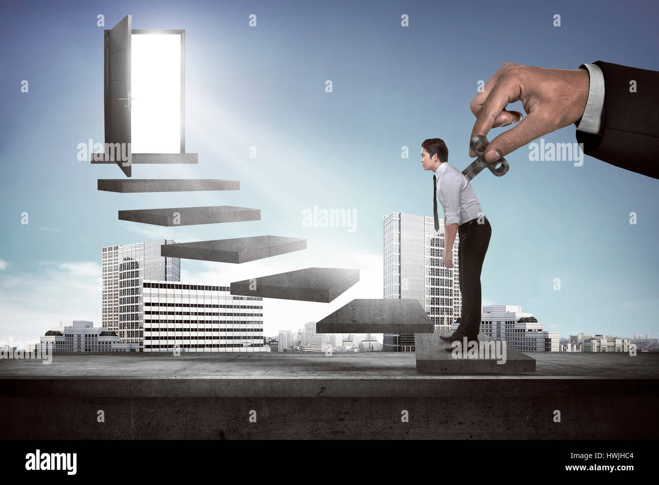 Hand turns clockwork on the back of business person, concept to control ...