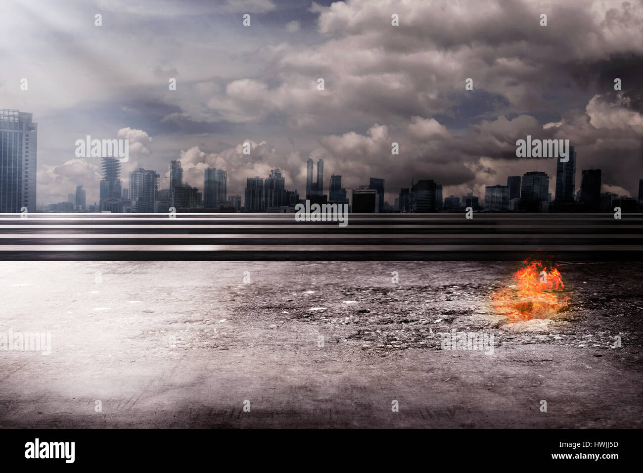 Burning city. Disaster concept. You can put your design on the city ...