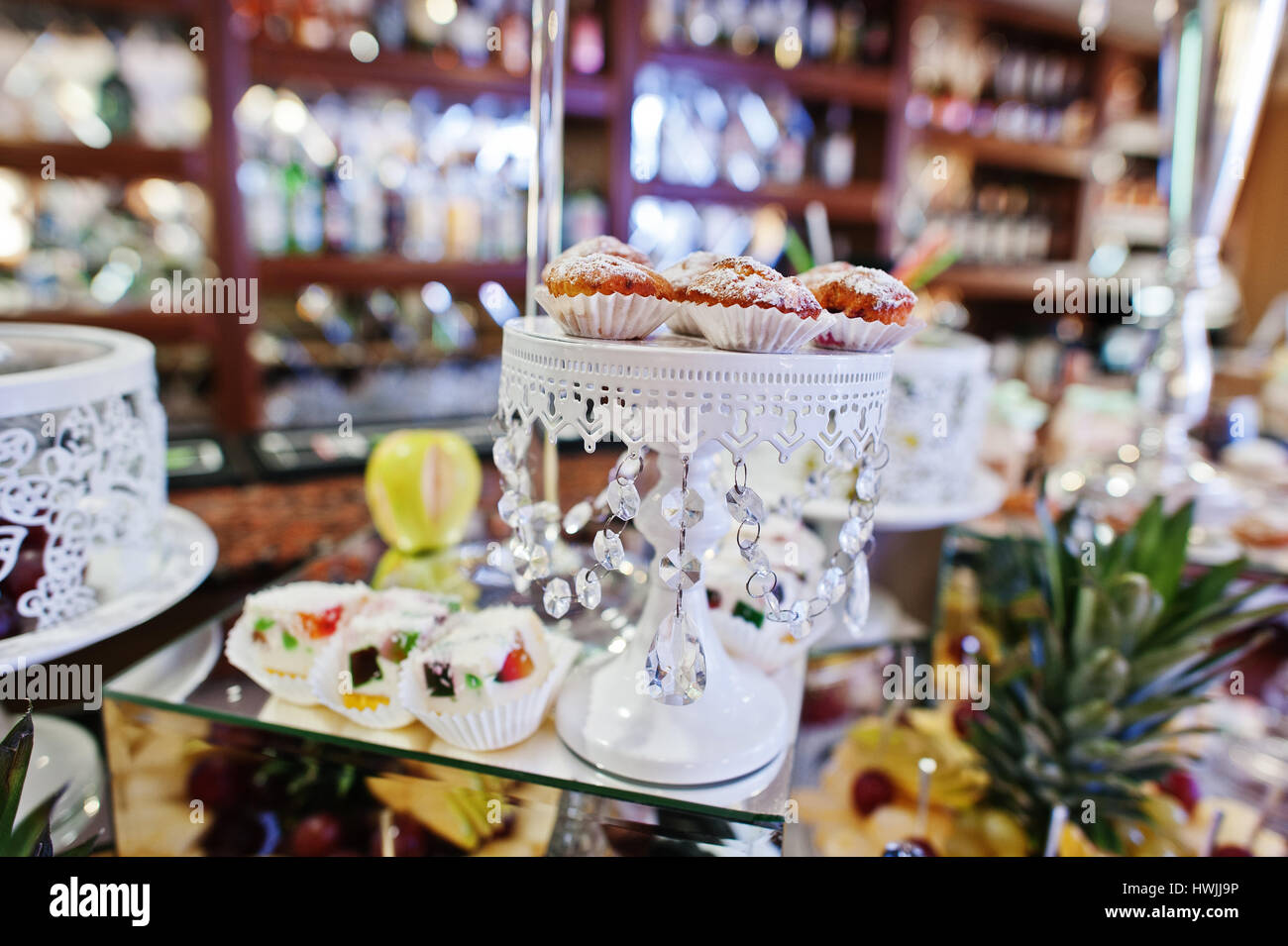 Wedding reception table with different fruits, cakes and sweets Stock ...