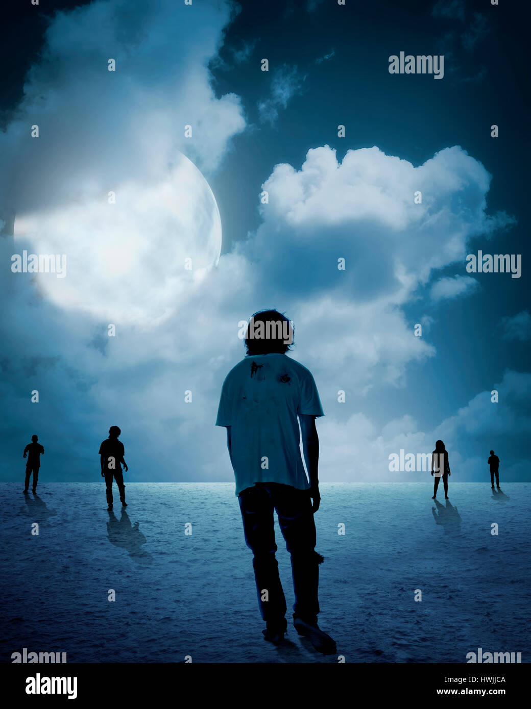 Group of zombie walking under full moon. Halloween concept Stock Photo ...