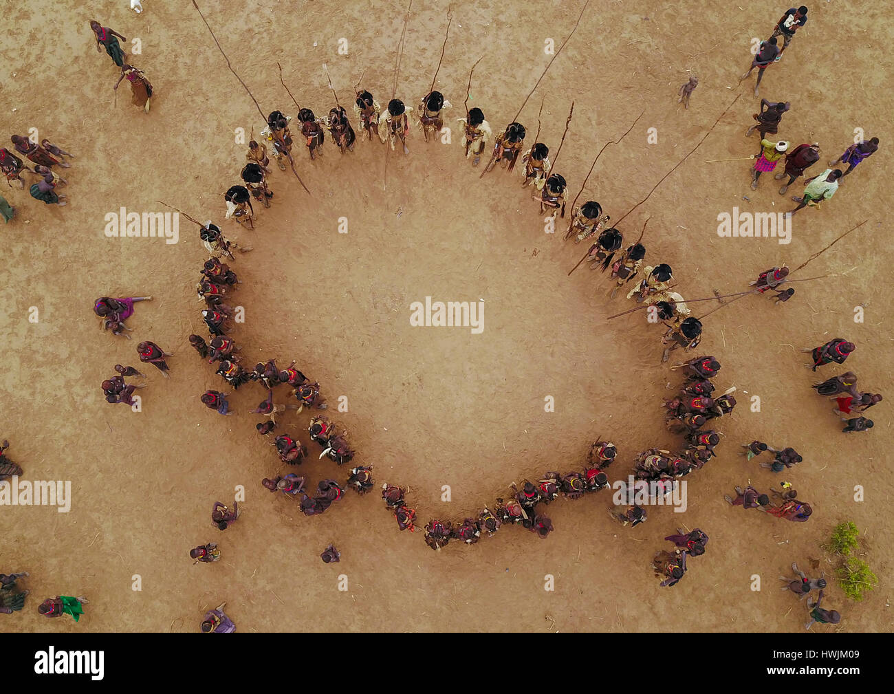 Aerial view of dimi ceremony in the Dassanech tribe to celebrate ...