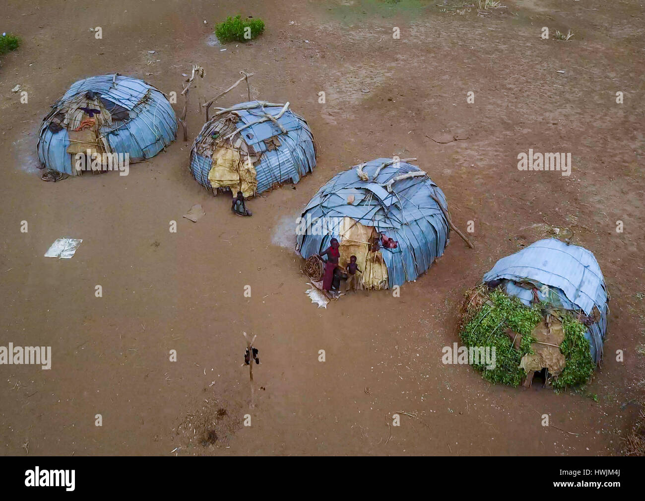 Aerial view of the village built for the dimi ceremony in the Dassanech ...