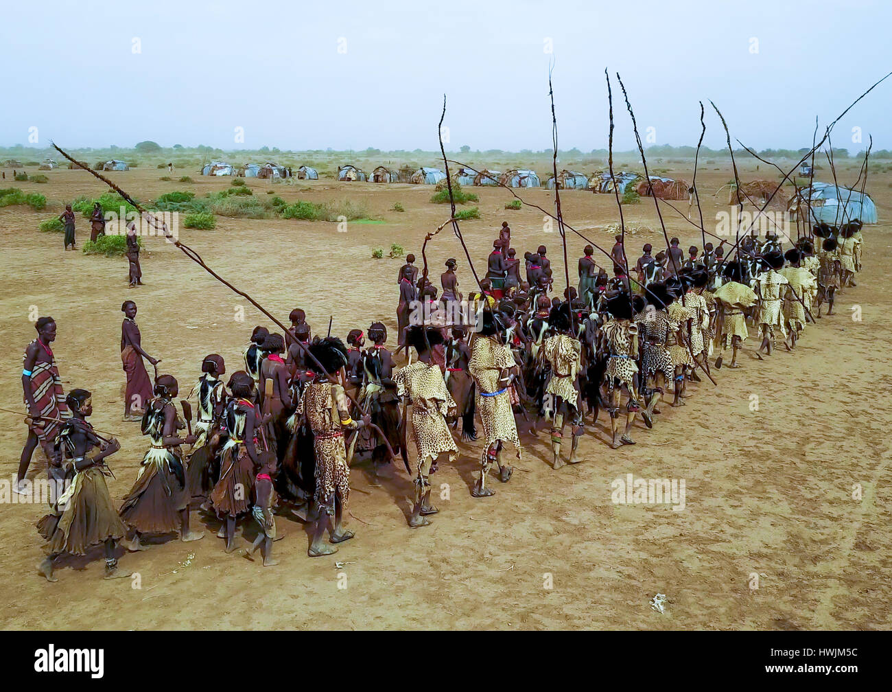 Aerial view of dimi ceremony in the Dassanech tribe to celebrate ...