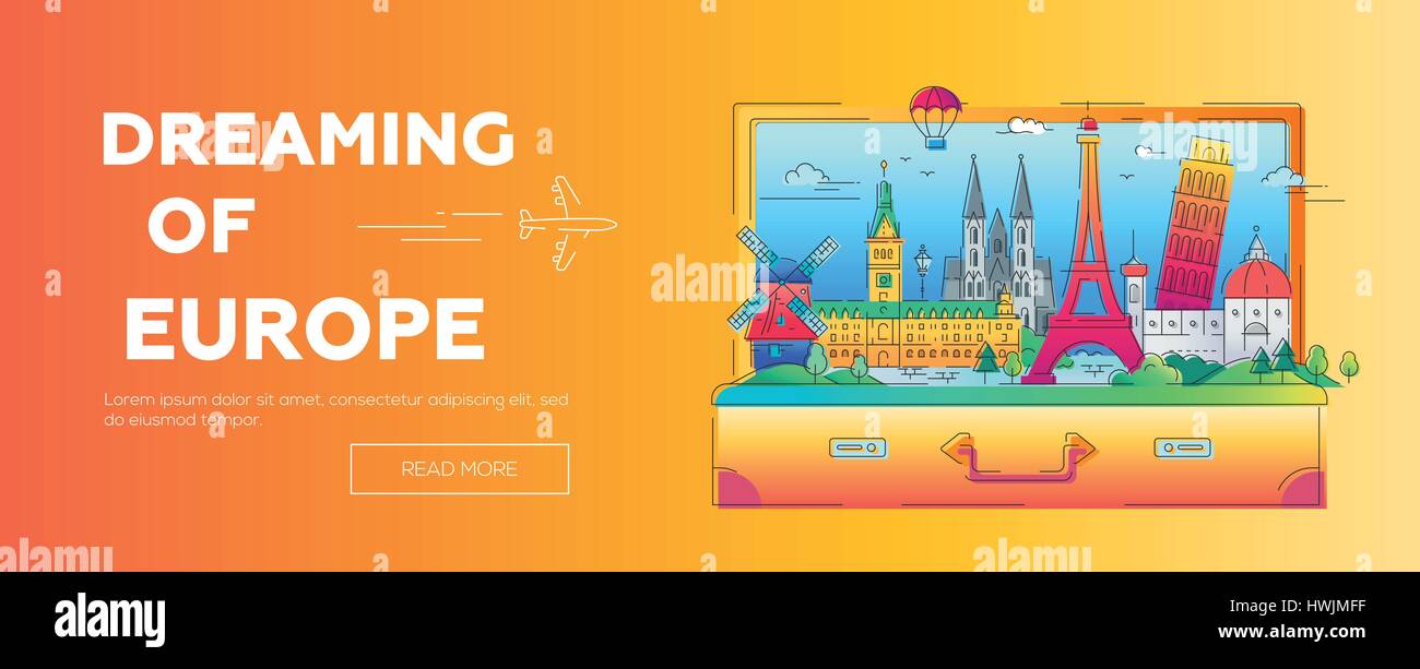 Dreaming of Europe - flat design web banner with landmarks Stock Vector ...