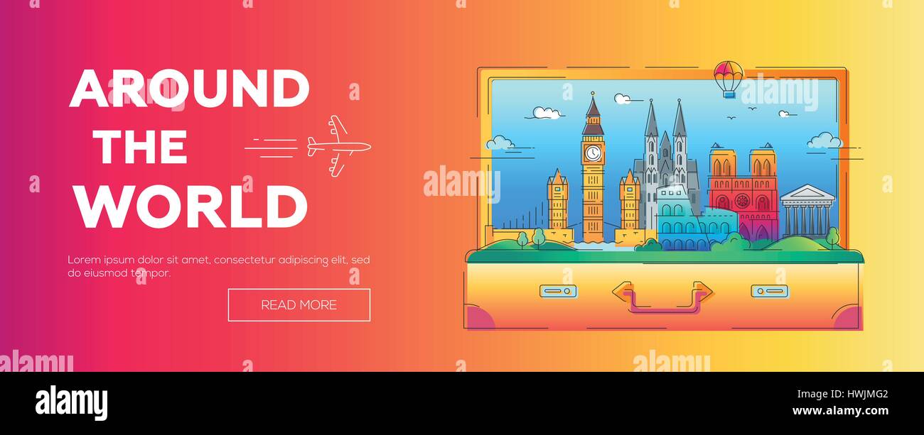Around the World - vector line travel web page header illustration ...