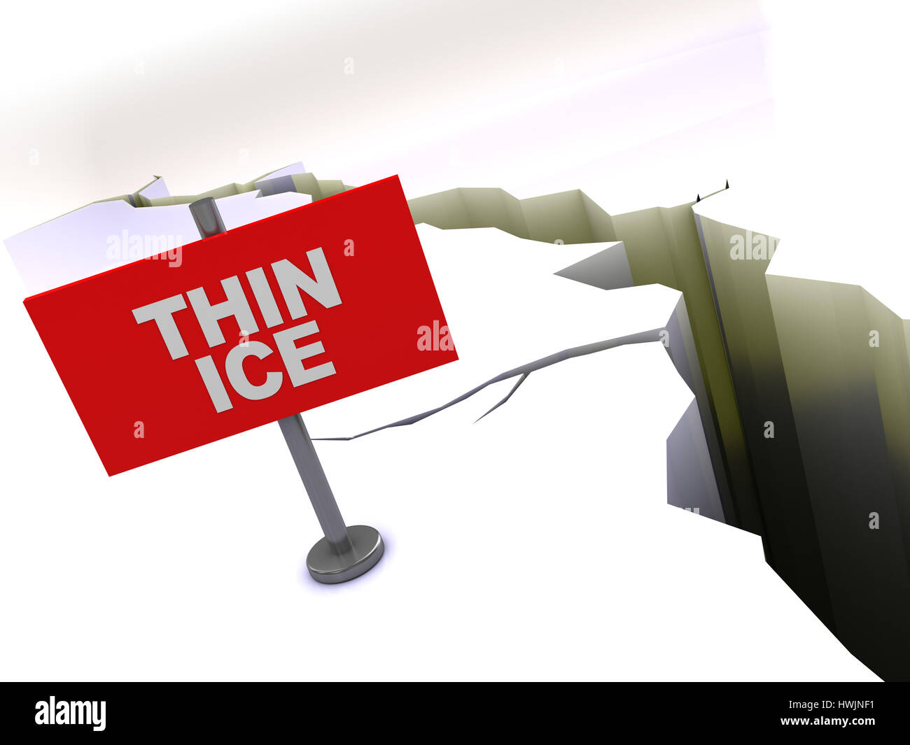 3d illustration of crack in ice with red 'thin ice' sign Stock Photo ...