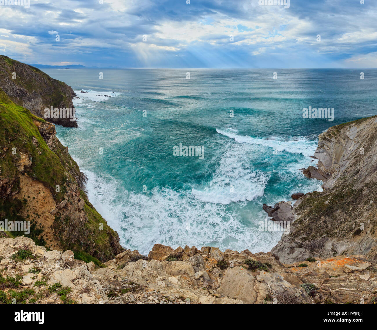 Summer ocean bay coastline view near Gorliz town, Biscay bay (Spain ...