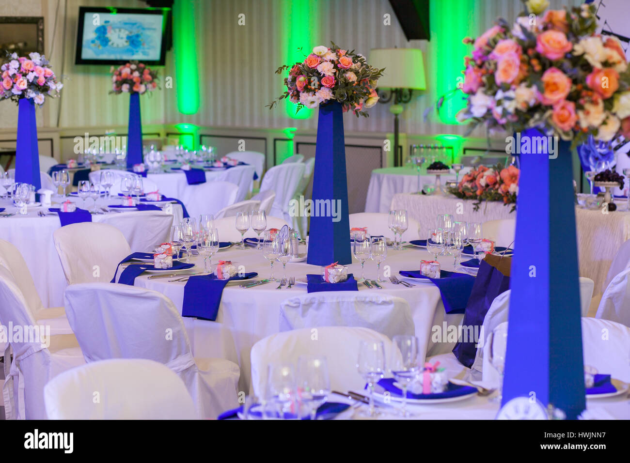 Beautifully decorated in blue and white colours wedding hall Stock ...