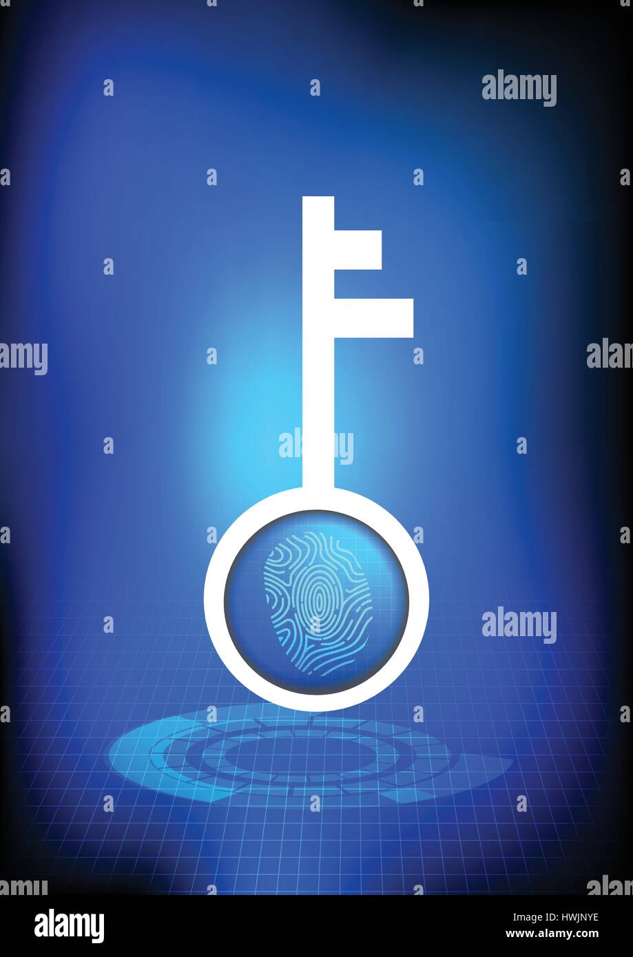 Vector : Key and finger print on blue technology grid background Stock ...