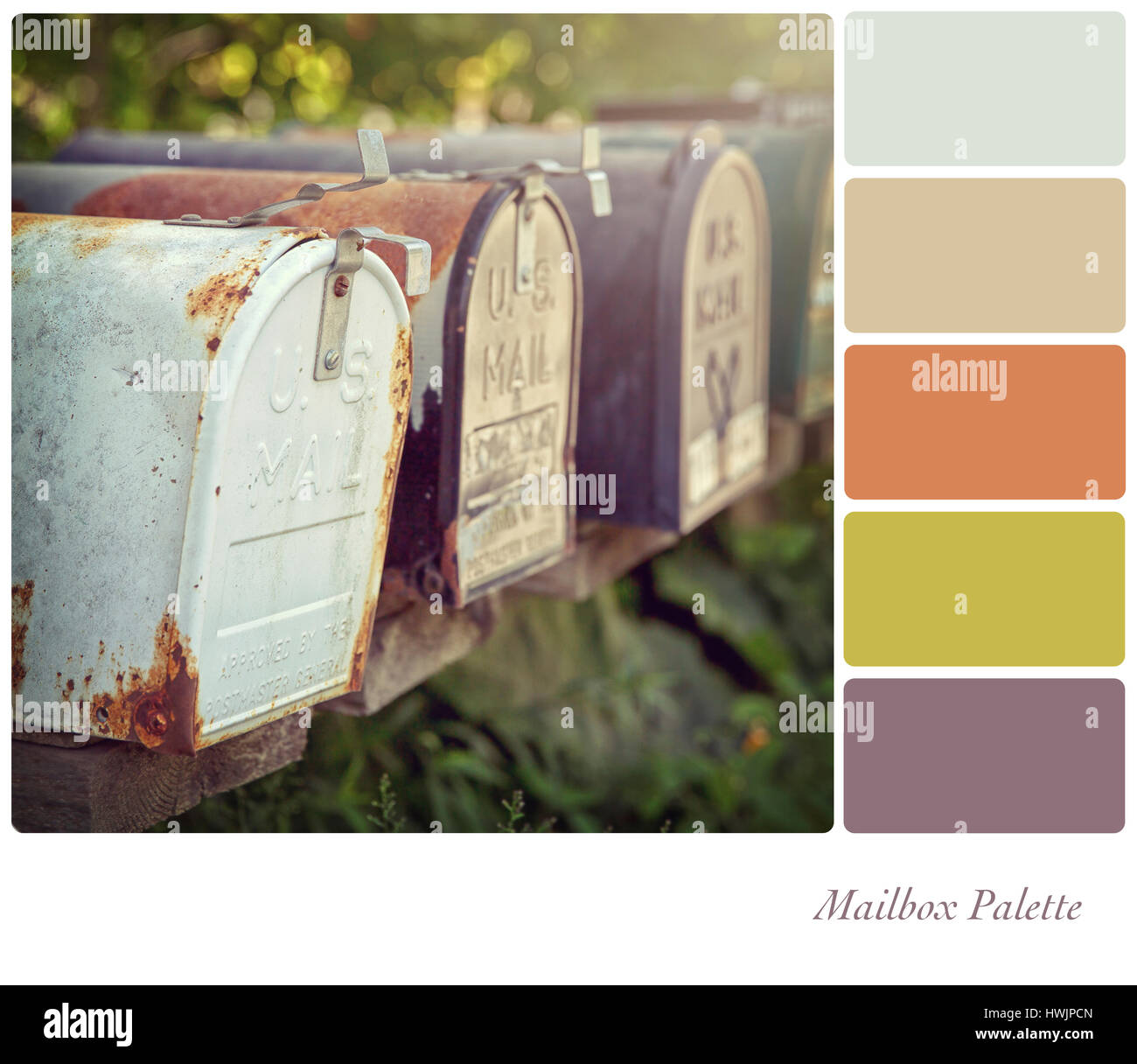 US mailboxes with retro style processing, in a muted colour palette ...
