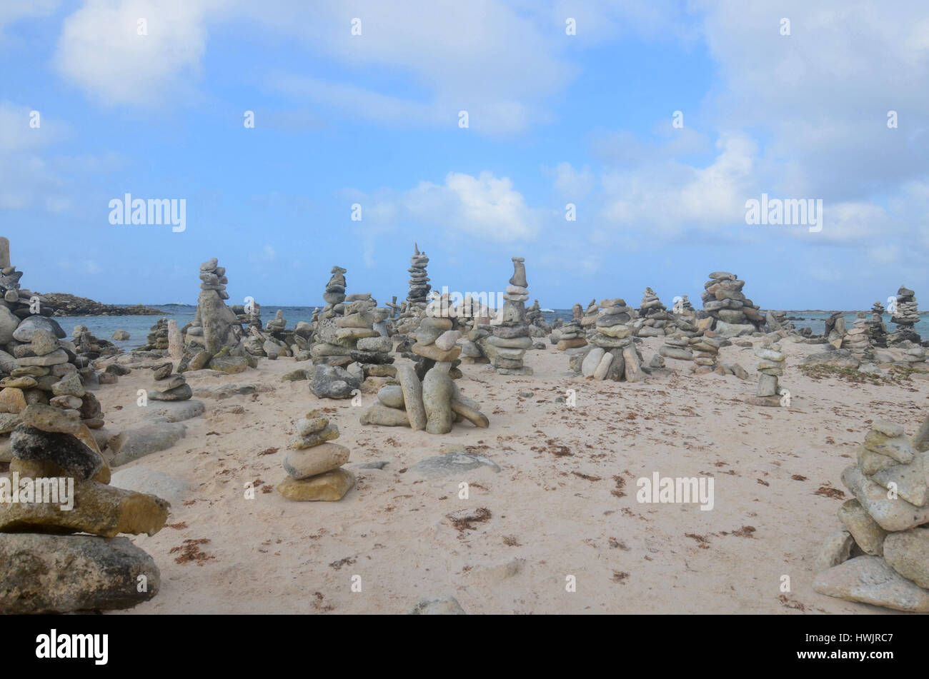 Stone stacks on Baby Beach in Aruba Stock Photo - Alamy