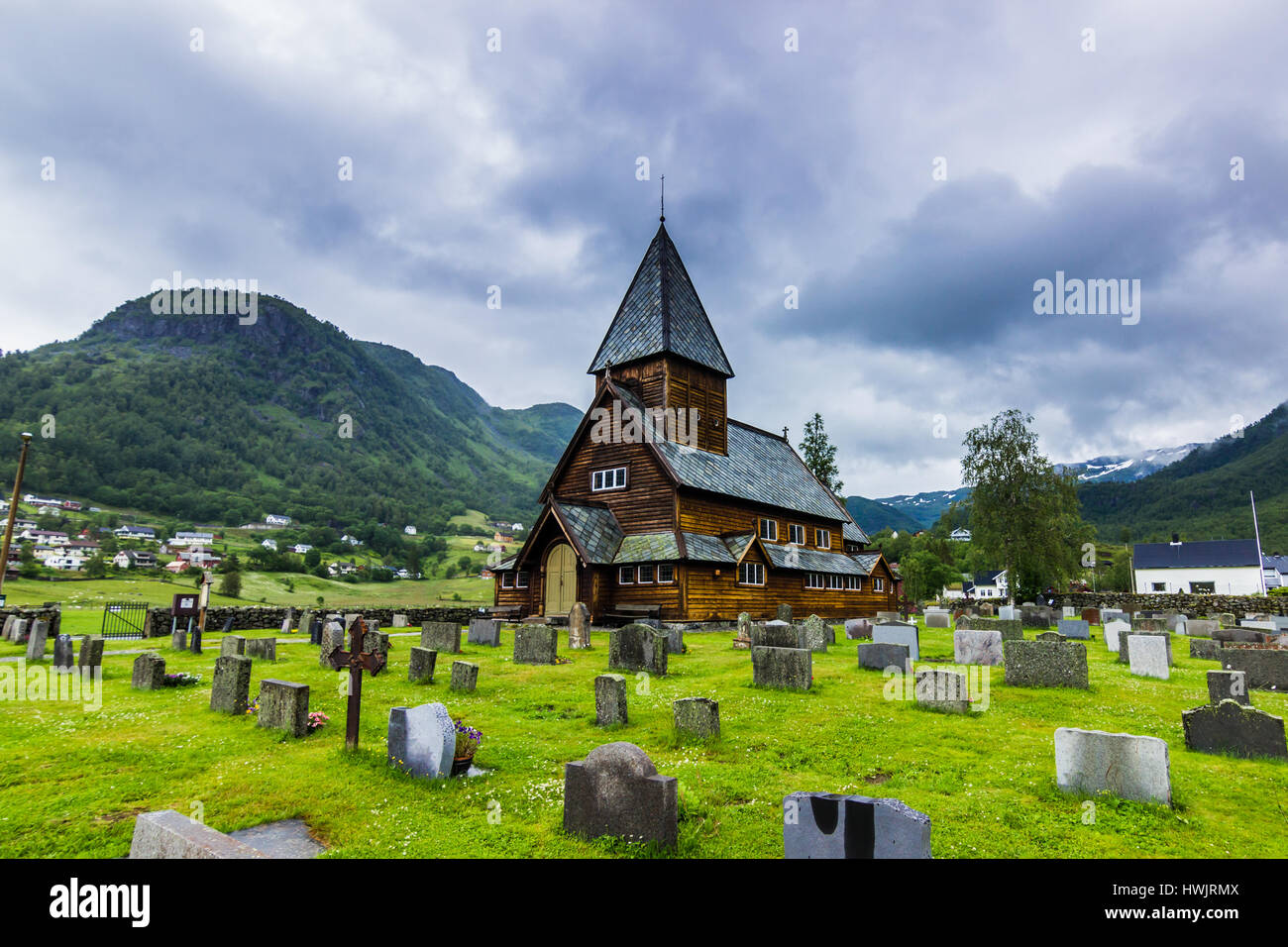 July 21, 2015: Cold panoramic shot of the stave church of Roldal ...