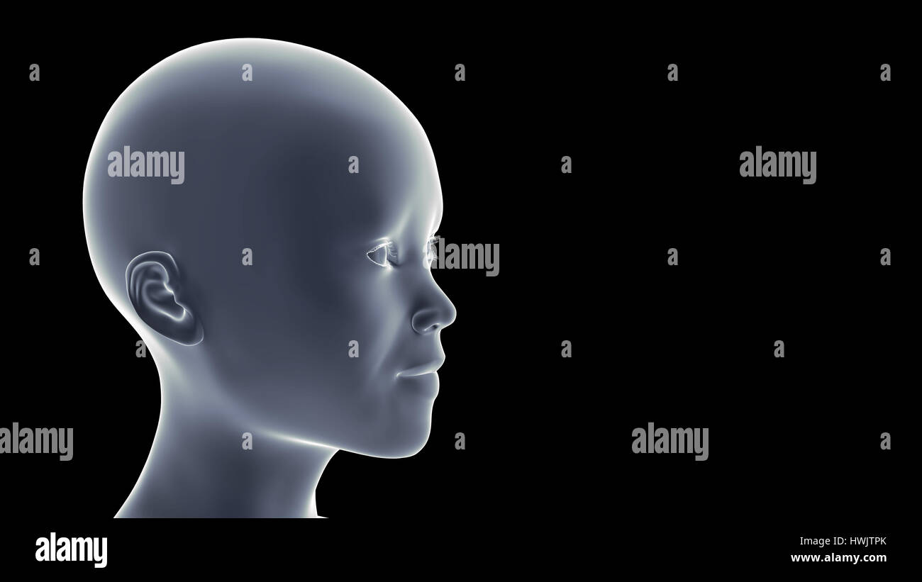 half-profile of a smiling Asian child in front of a black background ...