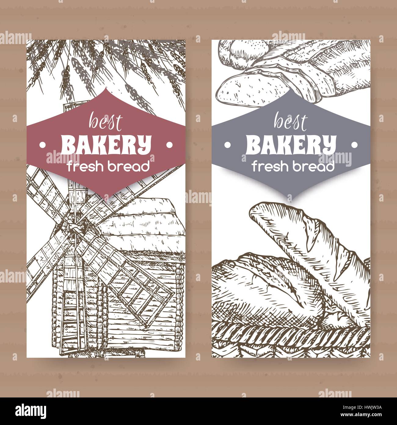 Two bakery label templates with wooden windmill, wheat and bread on ...