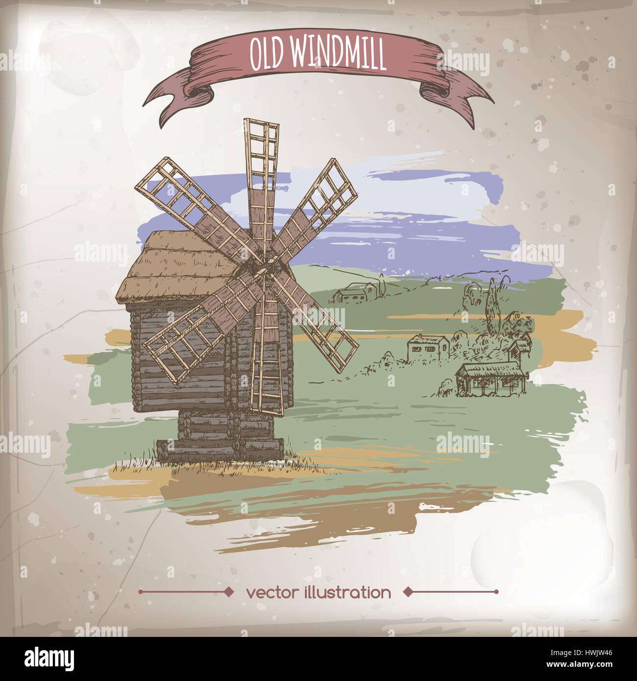 Wooden windmill and hill landscape color hand drawn vector sketch Stock ...