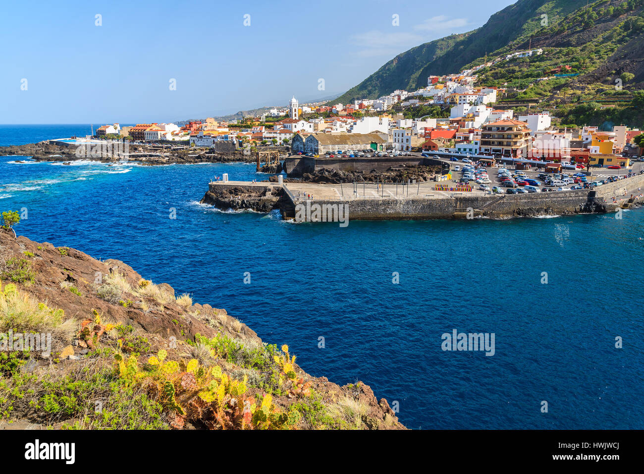 View of Garachico town and ocean on northern coast of Tenerife island ...