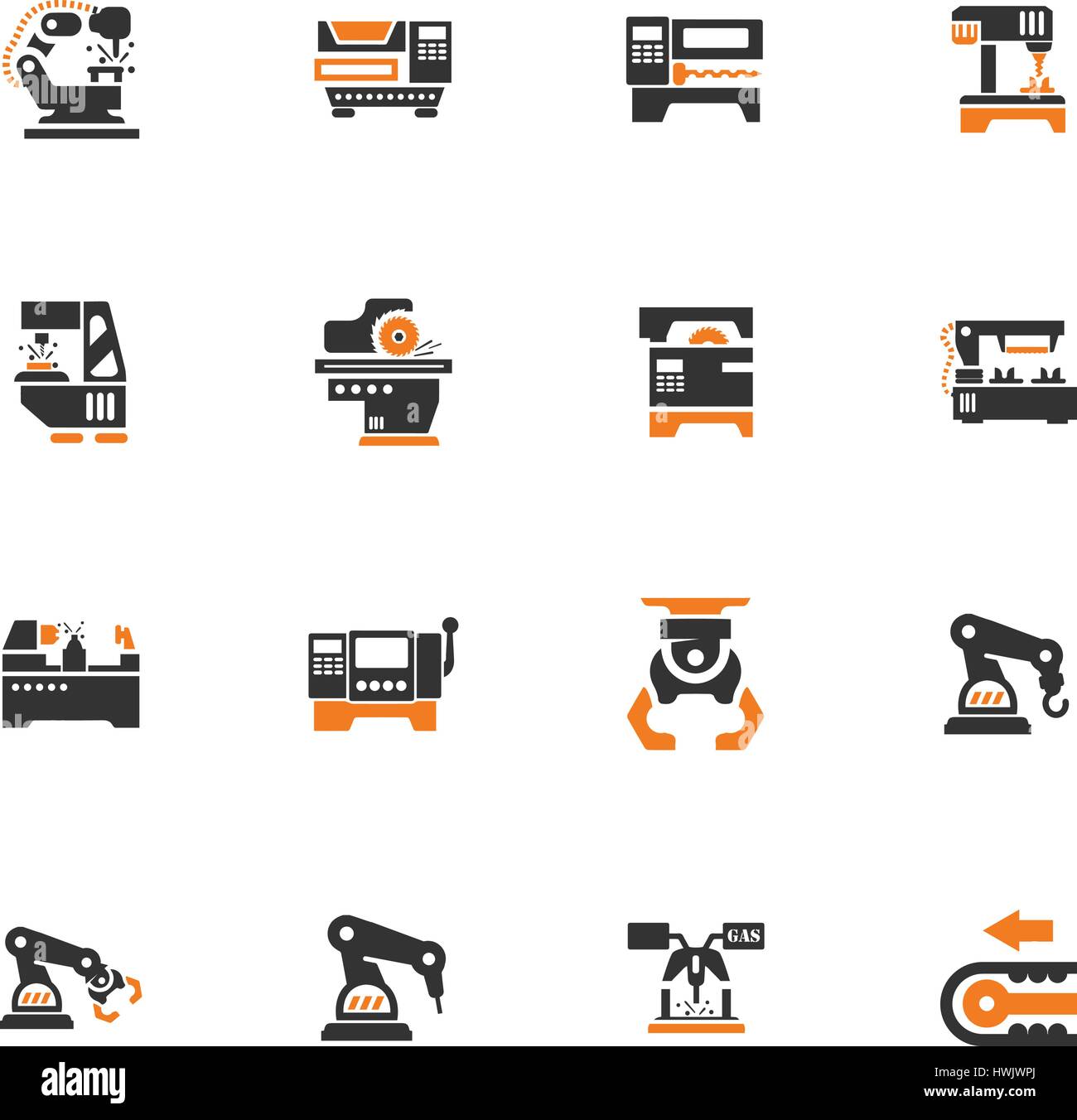 Vector machine tool icons set. Work and factory, production industrial ...