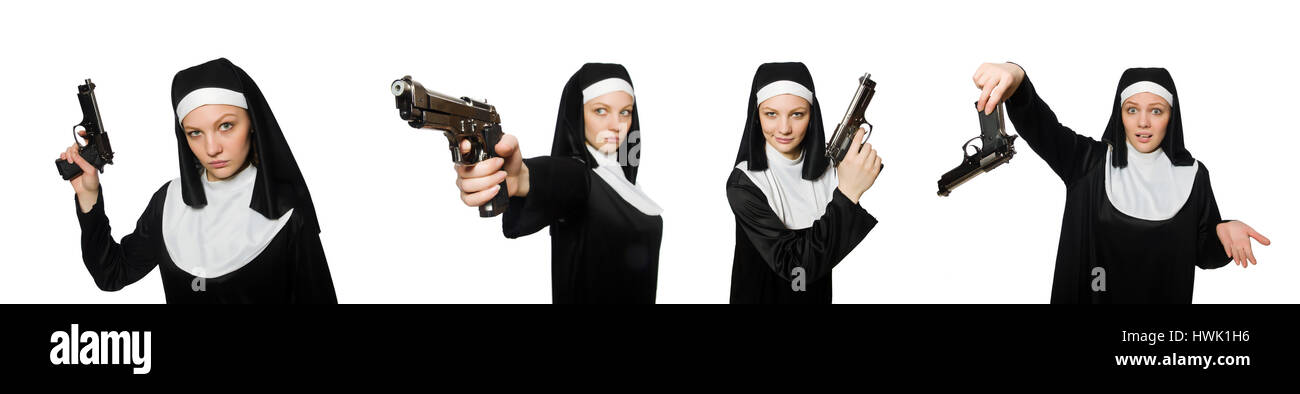 Nun with handgun isolated on white Stock Photo - Alamy