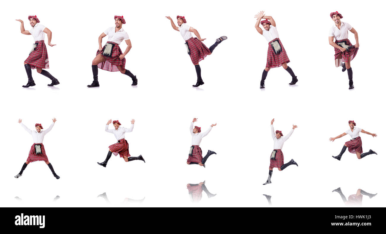 Scottish man dancing on white Stock Photo - Alamy