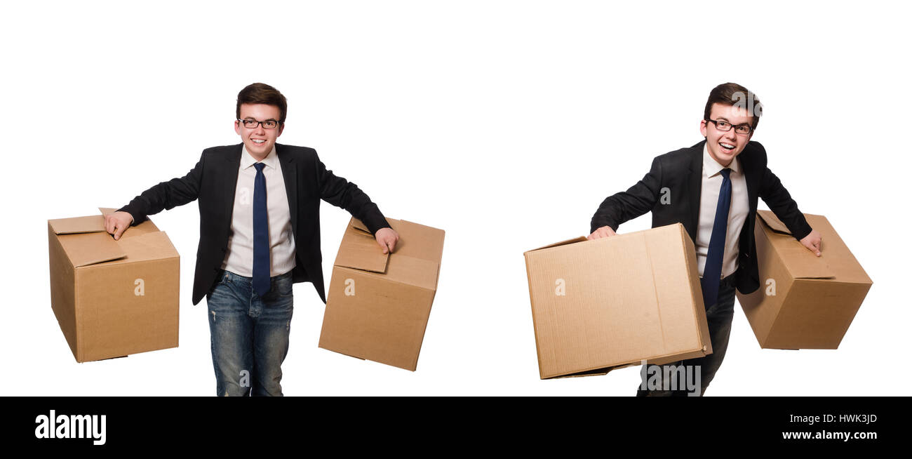 Funny man with boxes isolated on white Stock Photo - Alamy