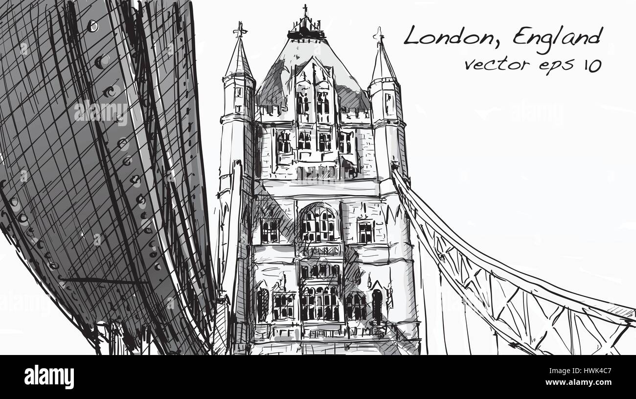 sketch drawing in London England show Tower Bridge, illustration vector ...