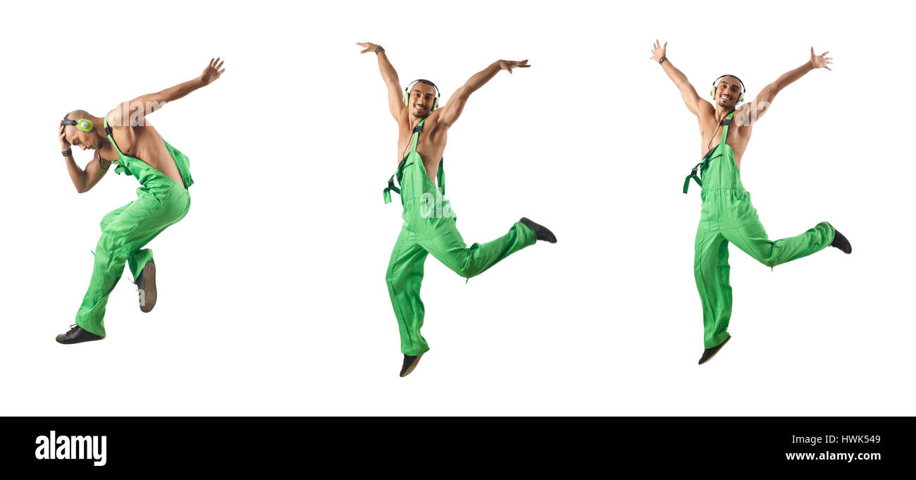 Construction worker jumping and dancing Stock Photo - Alamy