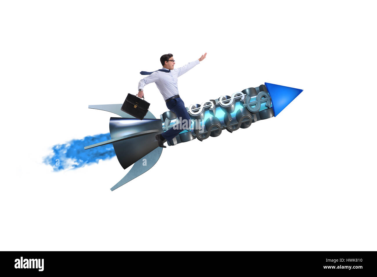 Businessman flying on rocket isolated on white Stock Photo - Alamy