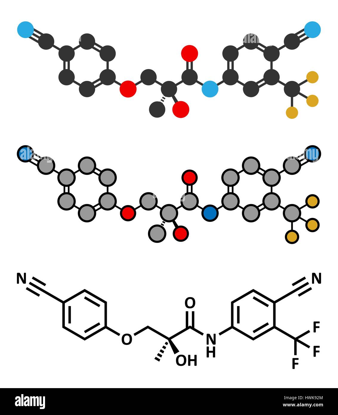 Enobosarm drug molecule. Stylized 2D renderings and conventional ...