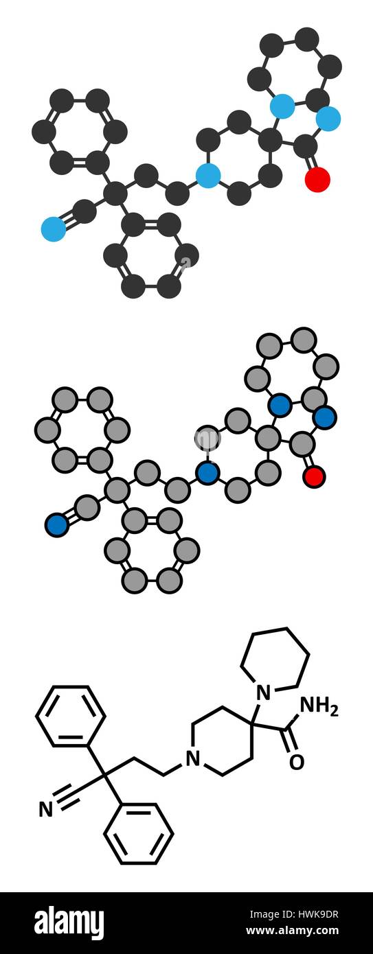 Piritramide opioid analgetic drug molecule. Stylized 2D renderings and ...