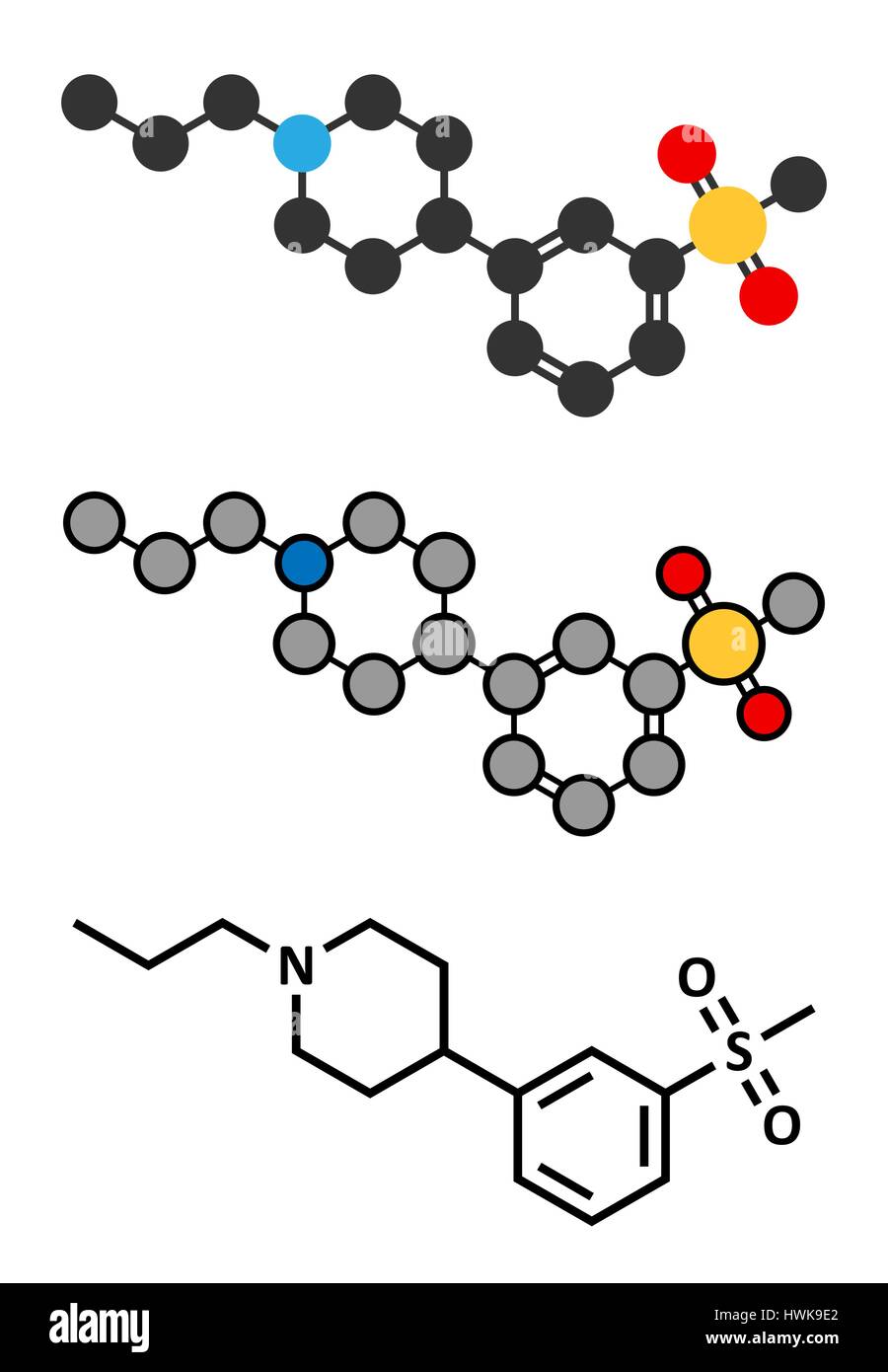 Pridopidine Huntington's disease drug molecule. Stylized 2D renderings ...