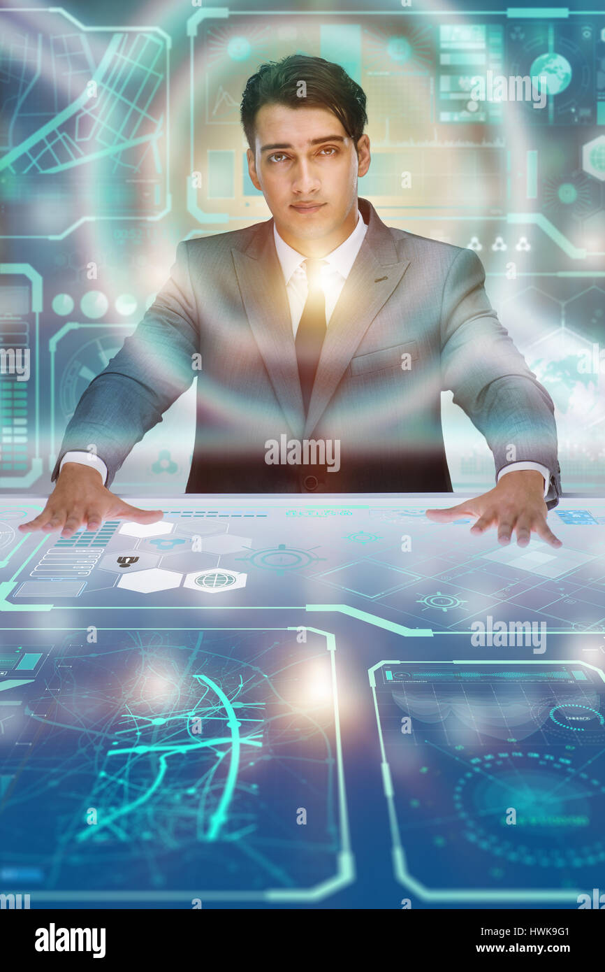 Man pressing virtual button in data mining concept Stock Photo - Alamy