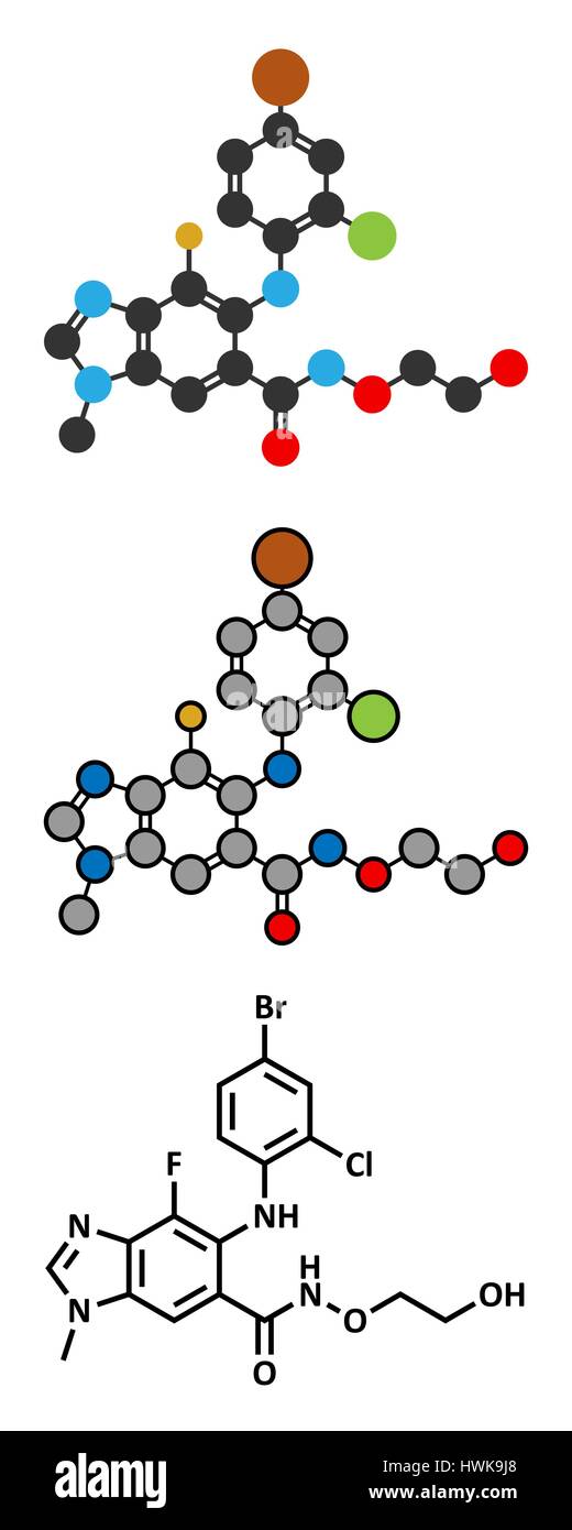 Selumetinib cancer drug molecule (MEK1 and MEK2 inhibitor). Stylized 2D ...