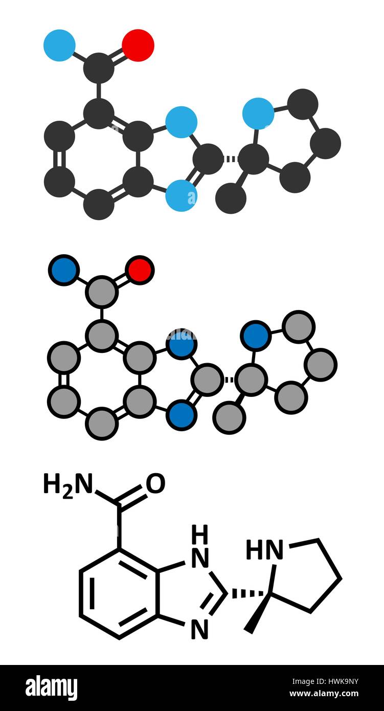 Veliparib cancer drug molecule (PARP inhibitor). Stylized 2D renderings ...
