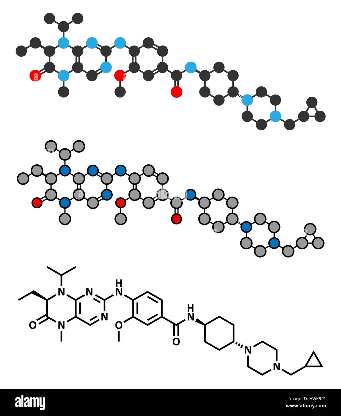Volasertib cancer drug molecule (PLK1 inhibitor). Stylized 2D ...
