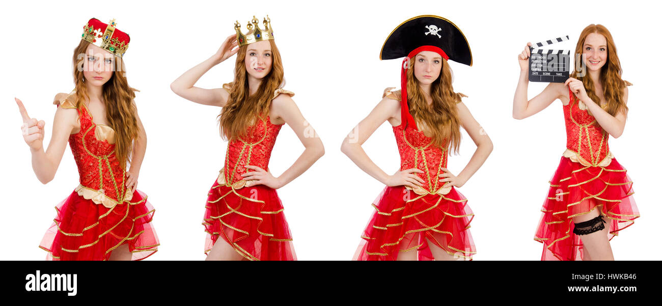 Princess wearing crown and red dress isolated on white Stock Photo - Alamy