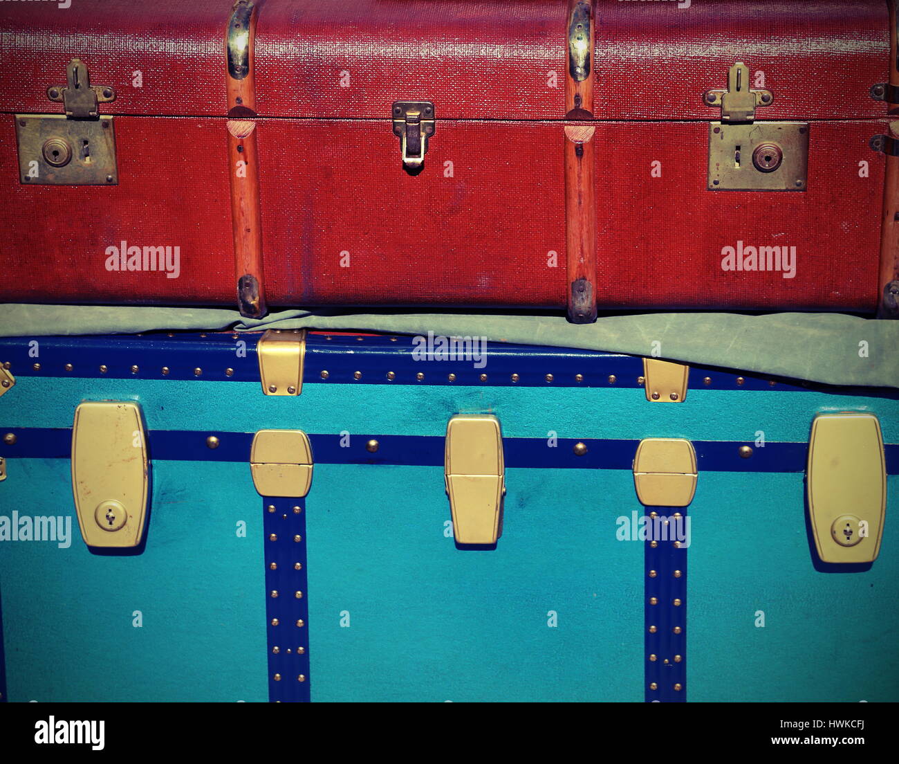 Large trunk luggage and a suitcase in leather for travelers Stock Photo ...
