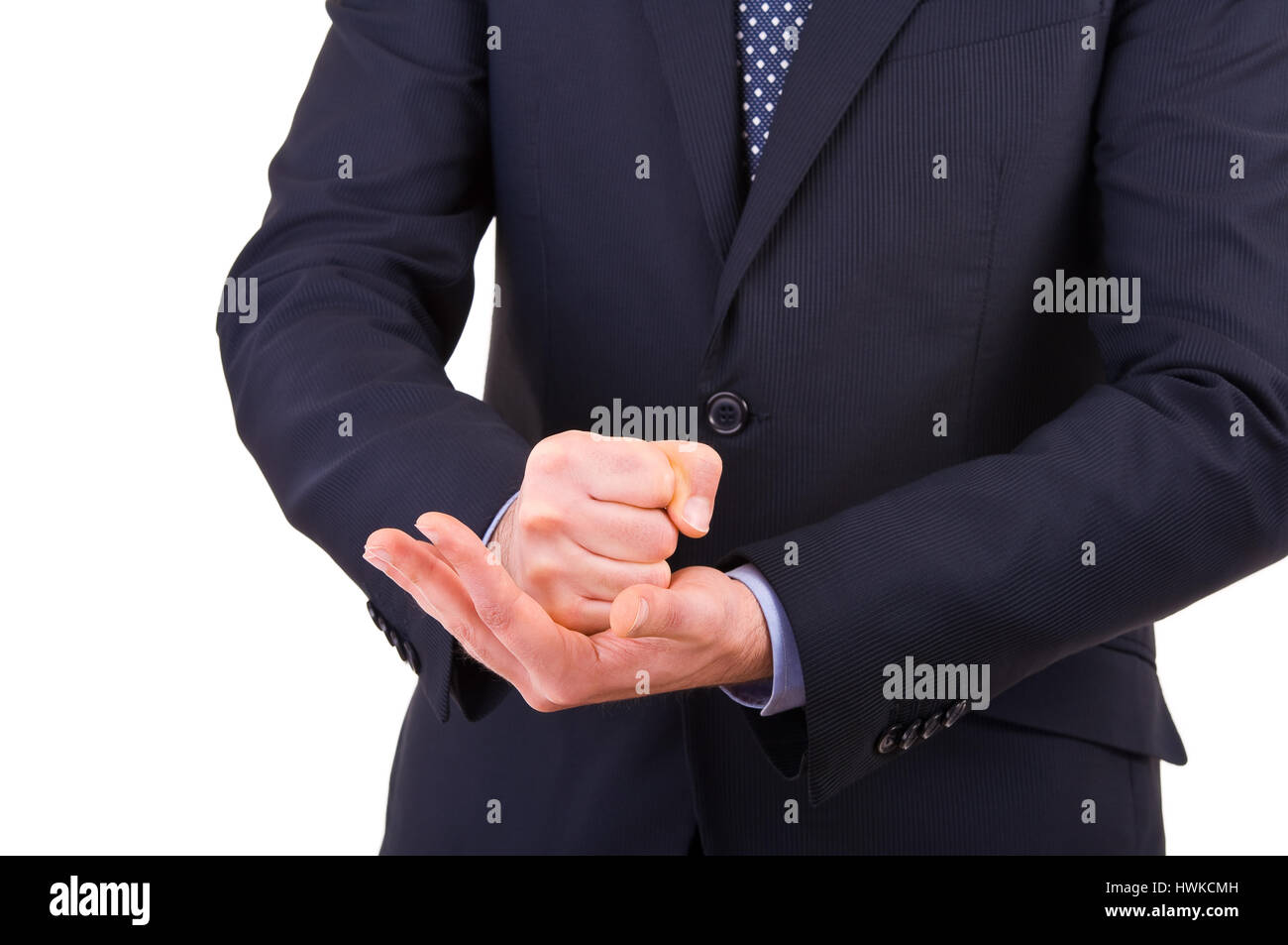 Businessman gesturing with both hands Stock Photo - Alamy
