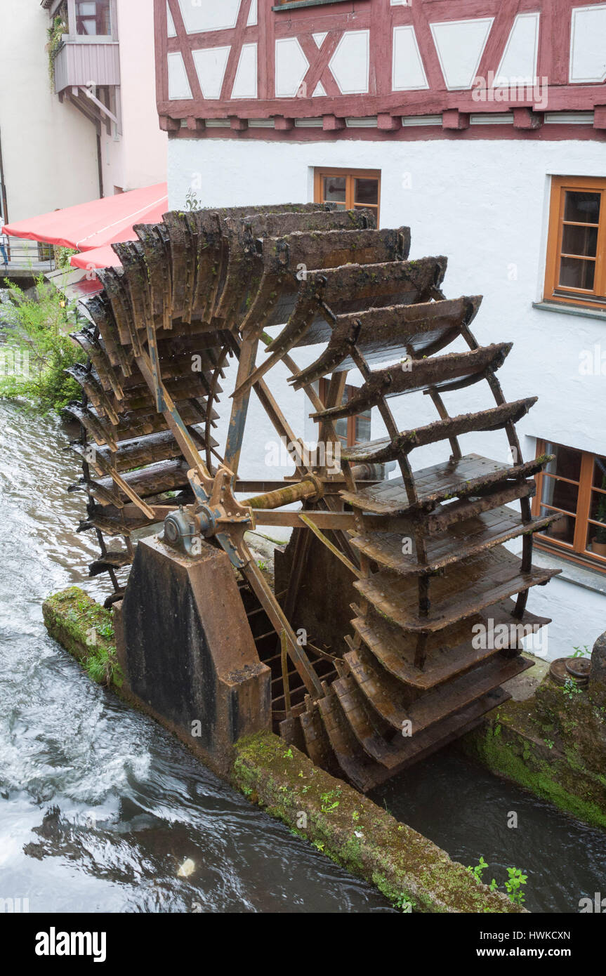 Historical water wheel, Danube river, Ulm, Swabia, Baden-Wuerttemberg ...