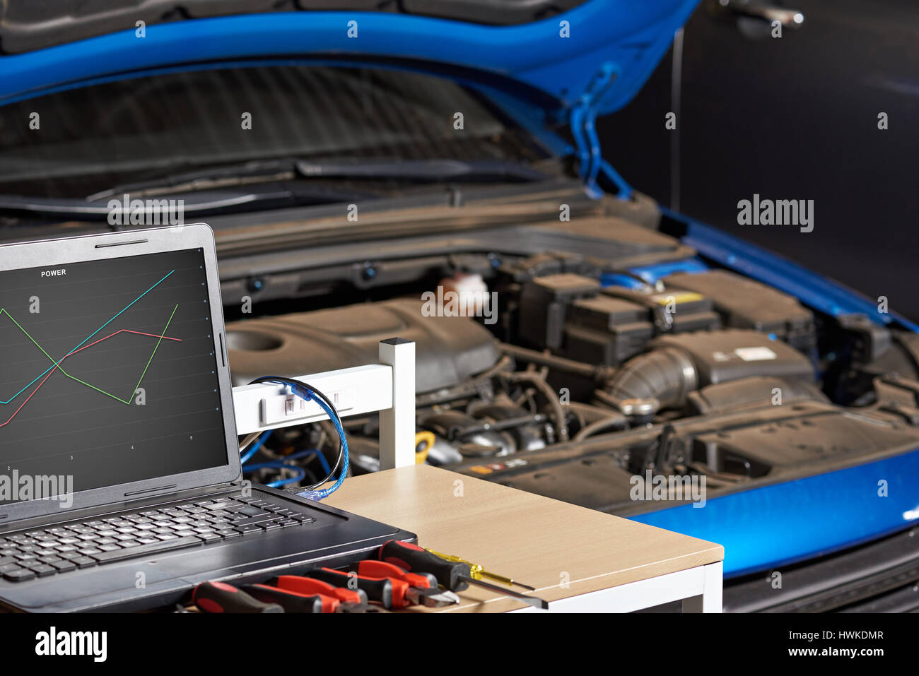 Closeup of modern electronic diagnostic table. Vehicle maintenance of ...