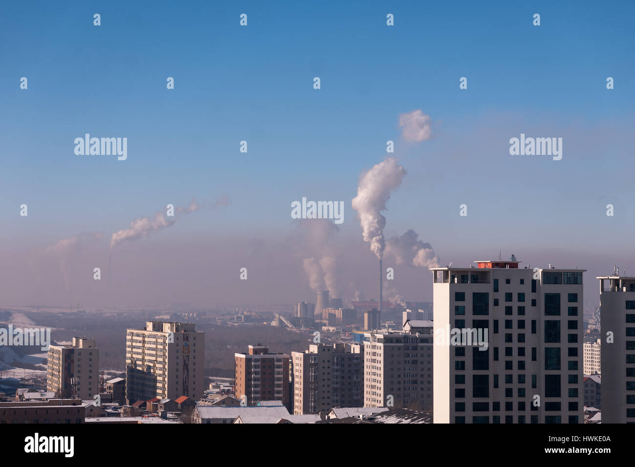 Skyline of Ulaanbaatar, Mongolia, showing the air pollution caused by 4 ...
