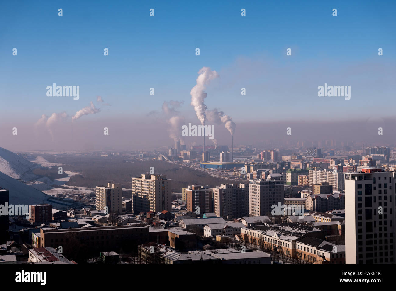 Skyline of Ulaanbaatar, Mongolia, showing the air pollution caused by 4 ...