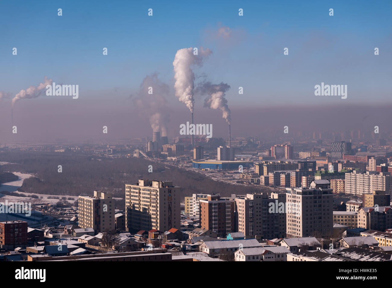 Skyline of Ulaanbaatar, Mongolia, showing the air pollution caused by 4 ...