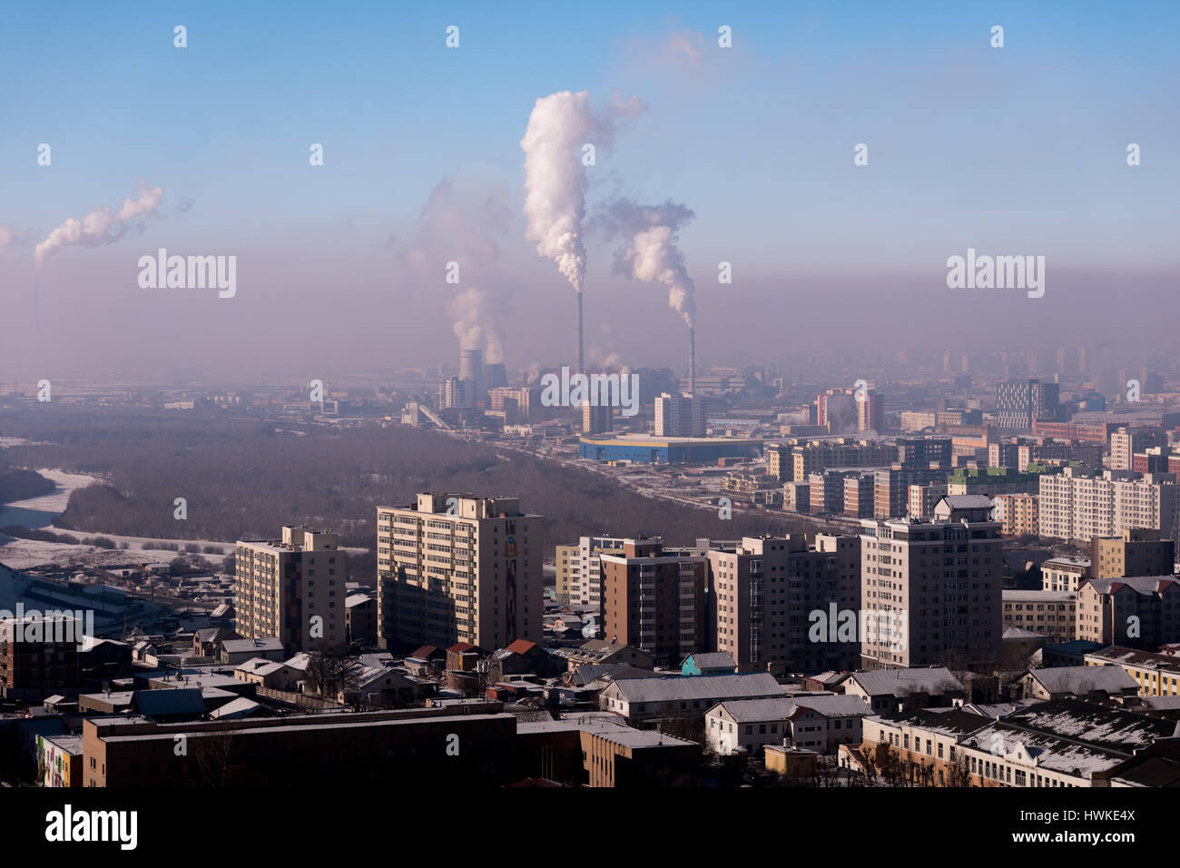 Skyline of Ulaanbaatar, Mongolia, showing the air pollution caused by 4 ...