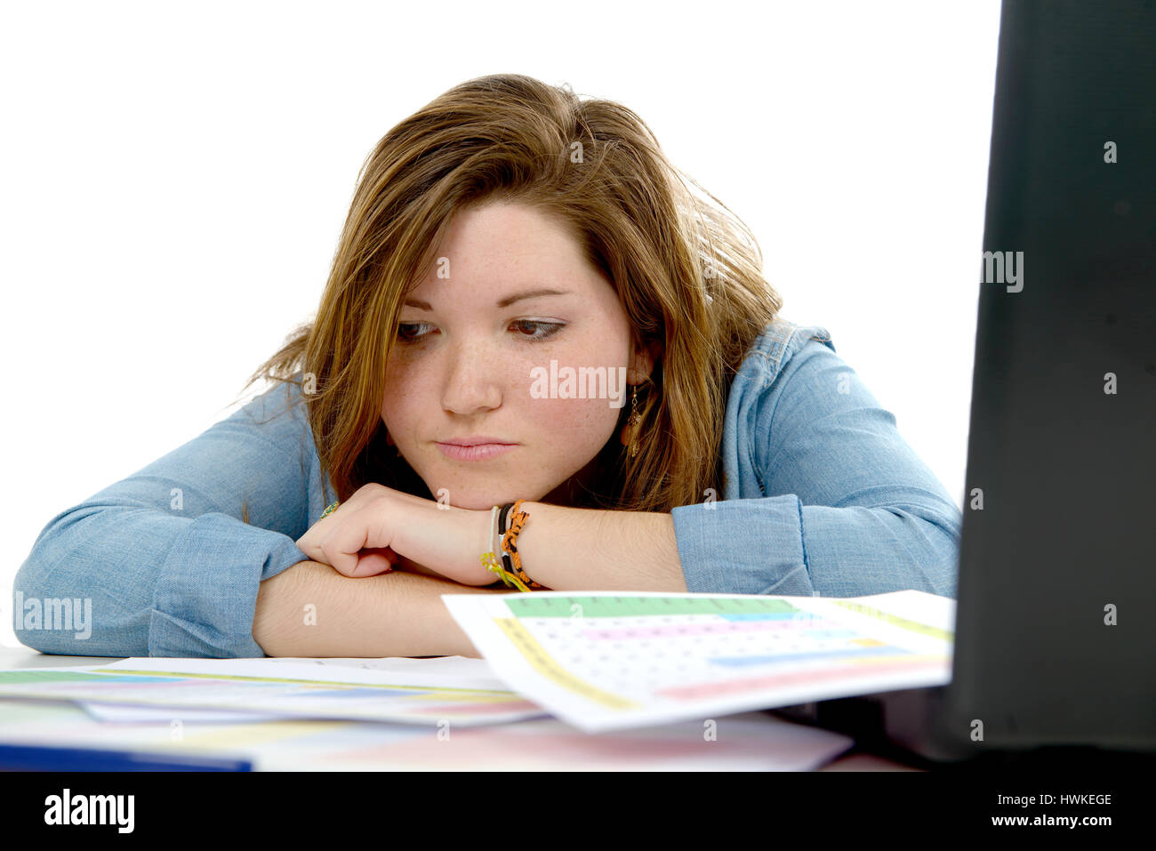 beautiful female student tired on white Stock Photo - Alamy