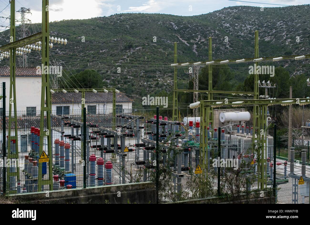 Power electrical substation yard near Barcelona, in park Garraf, Spain ...