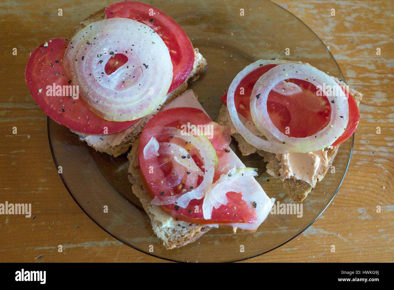 Classic Polish sandwiches with bread, cream cheese, tomatoes, and ...