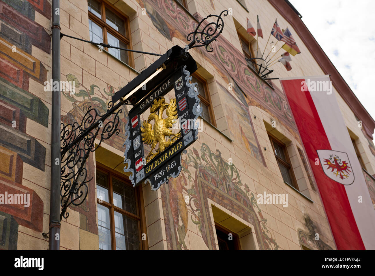 A symbolic banner with an eagle with two heads outside a restaurant ...