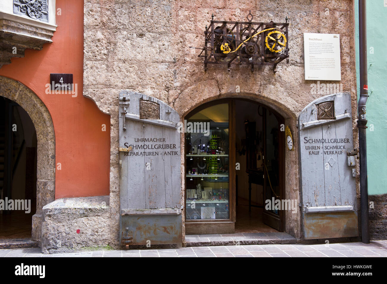 The exterior of a watch shop in an old historical building, Innsbruck ...
