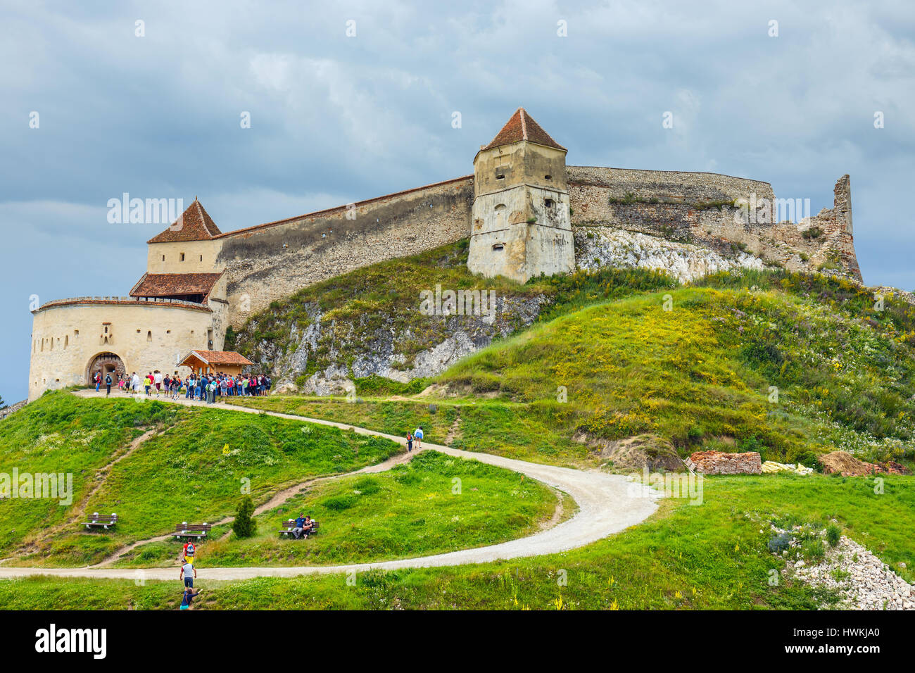 Rasnov, Romania - July 16, 2014: Tourists visit the medieval castle in ...