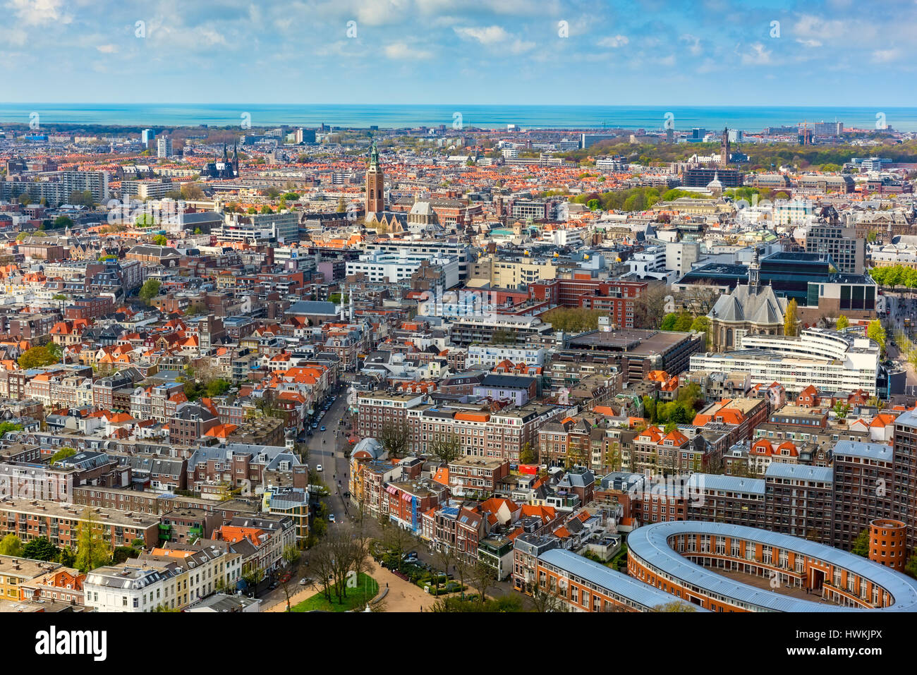 High angle panoramic view of The Hague (Den Haag) with the North Sea ...